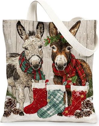 Generic Sacs fourre-tout en toile motif &acirc;ne de No&euml;l, sacs d&eacute;picerie r&eacute;utilisables, vintage, rustiques, l&eacute;gers, lavables, multicolore, 13x15 Inch