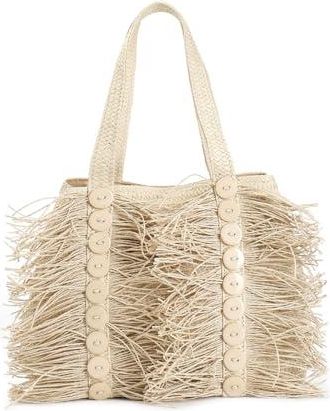 Caf&egrave;noir Sac De Courses En Raphia Avec Franges Et Boutons D&eacute;coratifs, Pour Femme, Couleur Beige, Taille Taille Unique