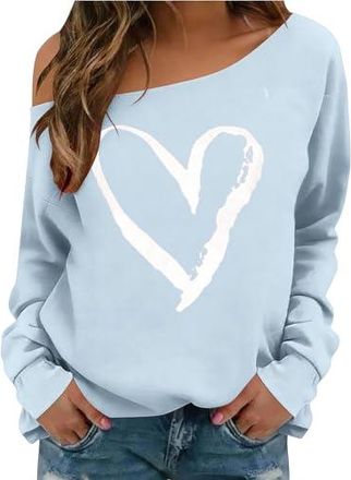 Generic Sweat-shirt &agrave; &eacute;paules d&eacute;nud&eacute;es avec imprim&eacute; coeur pour femme - Manches longues - Col rond - Pull d&eacute;contract&eacute; - Bleu clair