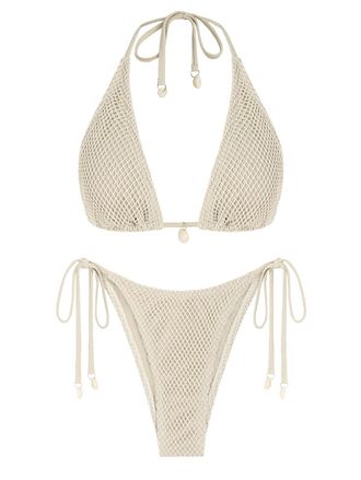 Zaful Damen-Triangel-Bikini Multiway Fischnetz seitlich gebunden Bandeau-Neckholder-String-Bikini-Set Zweiteiliger Badeanzug Badeanzüge(1-Weiß,XL)