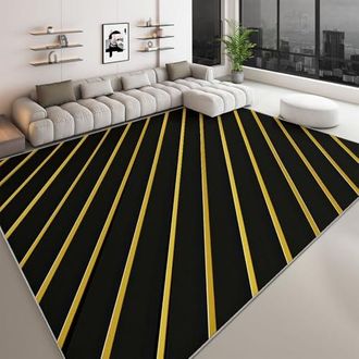 Generic Tapis Salon Noir pour Lavable, Élégant Minimaliste Géométrique Ligne Tapis à Poils Courts Doux et Antidérapant pour Chambre Cuisine Salle de Bains Hôt