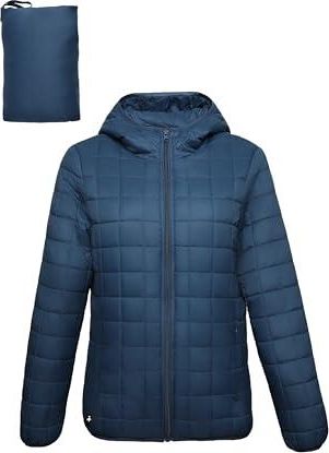 Orolay Veste matelass&eacute;e l&eacute;g&egrave;re &agrave; capuche et fermeture &eacute;clair pour femme, compressible et chaude avec poches, bleu marine, taille XL