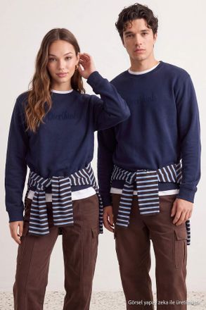 Trendyol MAN Herren Dunkelblau Slogan Lang Oversize Sweatshirts