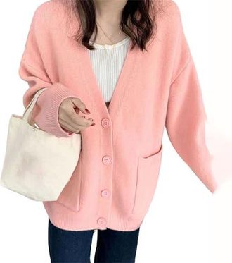 Generic Cardigan jaune &agrave; simple boutonnage pour femme avec col en V, rose, Taille Unique