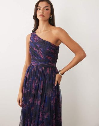 Lace & Beads Robe longue de demoiselle dhonneur asym&eacute;trique &agrave; fleurs avec encolure drap&eacute;e - Bleu fonc&eacute;-Multi