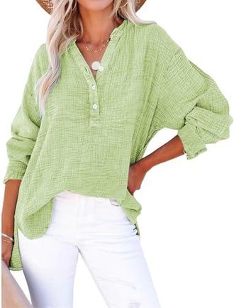 Generic Chemise d&eacute;contract&eacute;e &agrave; manches longues avec boutons et col en V pour femme, chemisier uni surdimensionn&eacute; en lin pour femme, Vert, XXL