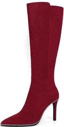 elashe Bottes pour Femme Bordeaux Bottes Femme Hautes en Daim &eacute;l&eacute;gantes 9.5 cm Talon Aiguille Fermeture &Eacute;clair Lat&eacute;rale avec D&eacute;coration Beads Mod&egrave;le &agrave; Pointe