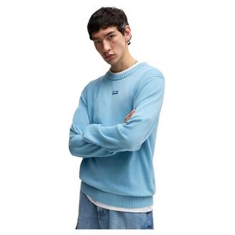 HUGO BOSS Hommes San Cosmo-C Pull en Maille de Coton avec &eacute;tiquette logot&eacute;e Bleue