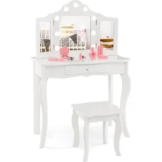 Costway Costway - 2 en 1 Coiffeuse Enfants et Tabouret avec Miroir Amovible &agrave; Trois Volets & Lumi&egrave;res led, Table de Maquillage Princesse avec Tiroir de