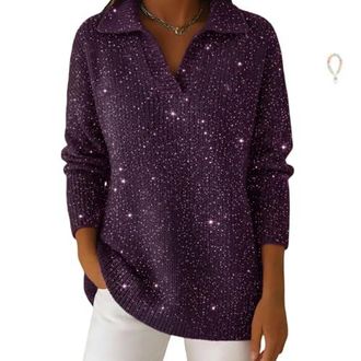 Generic Pull à col polo brillant pour femme - Col en V - Pour fête de Noël, violet, XXL