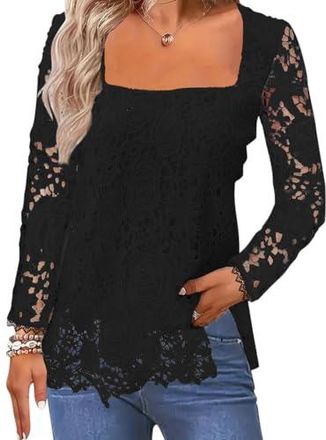 TOMWELL Femme Tee Shirt Dentelle Couleur Unie Manches Longues Loisirs Dété Chemisier en Dentelle Blouse Décontracté en Dentelle Tops Chemisiers C Noir L