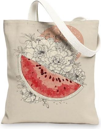 Generic Sac fourre-tout en toile motif pastèque floral, respectueux de lenvironnement, réutilisables, sacs dépicerie légers, crème 33 x 38,1 cm