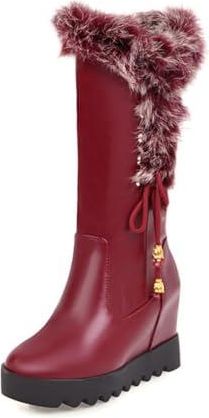 Generic Bottes Femme Mi-Mollet Bordées Fourrure Bout Rond Talons Compensés Lacets Tige PU Durable Confortables Enfilables Chaussures Décontracté Quotidien Ext