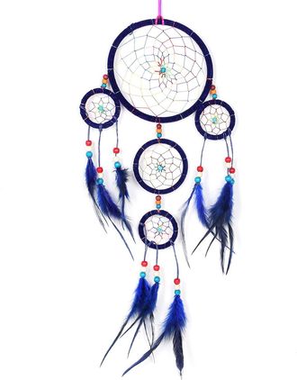 DonDon Großer Traumfänger für Gute Träume mit Perlen und echten Federn blau Ø 16 cm
