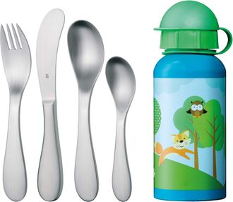 WMF Knuddel Kinderbesteck 5-teilig, mit Trinkflasche, ab 3 Jahren, Cromargan Edelstahl mattiert, sp&uuml;lmaschinengeeignet, farb- und lebensmittelecht
