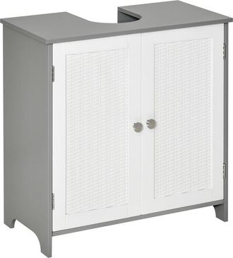 Kleankin Kleankin - Meuble salle de bain - meuble sous-vasque - placard 2 portes aspect résine tressée avec étagère - mdf blanc gris