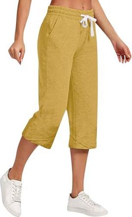 Generic Pantacourt en lin pour femme, pantalon court en lin pour femme, taille &eacute;lastique, jambe droite, avec poches, couleur unie, pantalon 3/4 avec cordon de