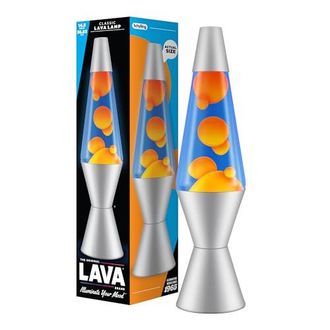 Lava Lampe 2117, orangenes Wachs, blaue Fl&uuml;ssigkeit, silberner Sockel und Deckel, Original 14,5 Zoll Bewegungslampe der Marke, Orange/Blau
