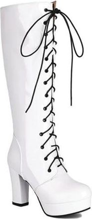 Generic Bottes déquitation montantes en cuir PU verni pour femme avec lacets, plateforme et talon haut, chaussures gothiques tendance avec fermeture éclair, b