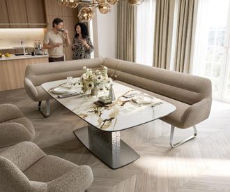 DELIFE Esszimmerbank Taya-Flex 285x190 cm Boucl&eacute; Schlamm Kufengestell flach Edelstahl Taschenfederkern Rechts, B&auml;nke