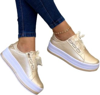 ORANDESIGNE Damen Sneakers Flache Low Sneaker Atmungsaktiv Turnschuhe Outdoor Sportschuhe Laufschuhe Schuhe Schnürsenkel Walkingschuhe A Gold 36 EU