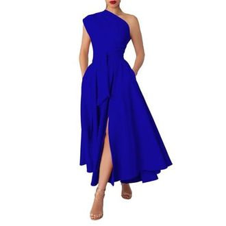Generic Robe maxi pour femme avec bretelles &agrave; une &eacute;paule et ceinture, pour les invit&eacute;s formels de mariage avec costume pour femme, bleu, XXL