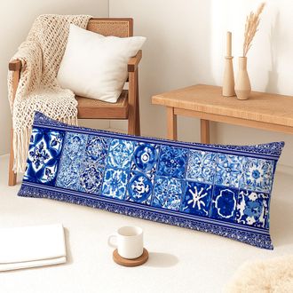 Generic Kissenbezug mit blauem Fliesenmuster, Vintage-Stil, marokkanischer dekorativer Samt-Lendenkissenbezug mit Rei&szlig;verschluss, stilvolle lange K&ouml;rperkissen