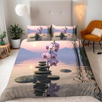 Generic Housse de Couette 200x200 Orchid&eacute;e Zen Parure de Lit 2 Personnes Style Chinois Imprim&eacute; 3D Microfibre Doux Housses Couettes avec Fermeture &Eacute;clair et 2 