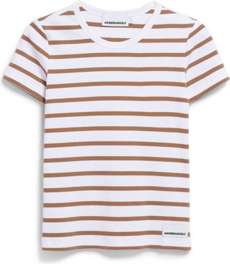 Armedangels Damen RIPP-T-Shirt aus Bio-Baumwoll Mix KARDAA Stripes T-Shirt Slim Fit White-Pale Umber