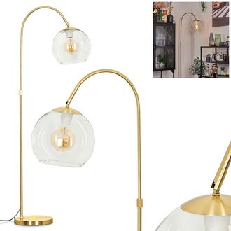 HOFSTEIN Stehleuchte Koyoto, Stehlampe aus Metall/Glas in Messingfarben/Klar, Leuchte im Retro/Vintage/Industrial-Design mit Schirm aus Glas (Ø 25cm), Höhe 140