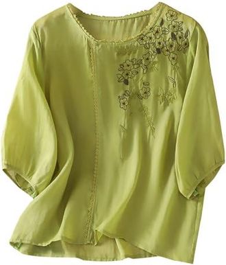 Generic Chemisiers en lin pour femme &agrave; manches 3/4 avec broderie r&eacute;tro, motif floral, hauts &agrave; manches 3/4, tunique d&eacute;t&eacute; boh&egrave;me tendance, Vert, XXL