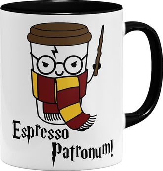 OM3 Espresso Patronum Kaffee-Tasse mit Zauberspruch | Keramik Becher | 11oz 325ml | Beidseitig Bedruckt | Schwarz