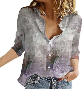 Generic Hauts en coton et lin pour femme &agrave; manches longues - Blouses d&eacute;t&eacute; pour femmes grande taille - Blouses et chemises unies pour les vacances, hauts de tr