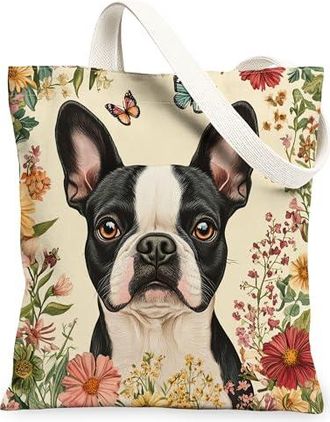 Generic Sac fourre-tout en toile motif terrier de Boston printanier, 33 x 38,1 cm, sac d&eacute;picerie r&eacute;utilisable pour femme, motif animal de compagnie, d&eacute;coratio