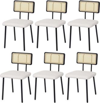 Hhg jamais utilisé] Lot de 6 chaises de salle à manger 707, fauteuil chaise, bois poly rotin métal bouclé, tissu/textile blanc