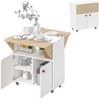 HOMCOM Table &agrave; manger pliante - HOMCOM - sur roulettes - 4 personnes - 2 abattants, &eacute;tag&egrave;re, placard - bois - 70x83x75cm - blanc