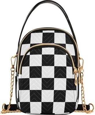 Mnsruu Sac à bandoulière pour femme - Blanc et noir - Motif à carreaux - Petit sac à bandoulière avec sangle réglable