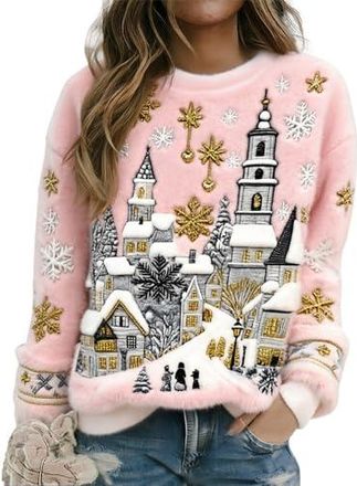 Generic Sweat-shirt en flanelle &agrave; imprim&eacute; chat de No&euml;l pour femme, pull dhiver d&eacute;contract&eacute; &eacute;l&eacute;gant doux et chaud, haut pullover fantaisie dr&ocirc;le &agrave; col rond No&euml;