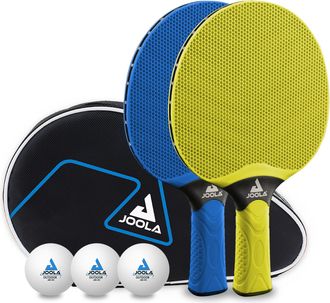 Joola Tischtennis Set Vivid Outdoor 2 Tischtennisschl&auml;ger + 3 Tischtennisb&auml;lle + Tischtennish&uuml;lle, Lime/blau, 6-teilig