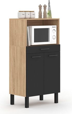 IDMarket Halbhohes Küchenbuffet für Mikrowelle 60 cm CINA 1 Schublade 2 Türen in Buchenholzoptik und Schwarz