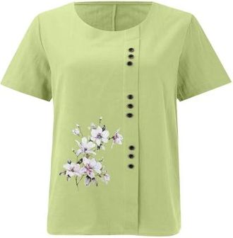 Generic Haut ample d&eacute;contract&eacute; &agrave; manches courtes et col rond en lin pour femme, chemisier d&eacute;t&eacute; &agrave; motif floral pour la plage, les vacances et les voyages, vert