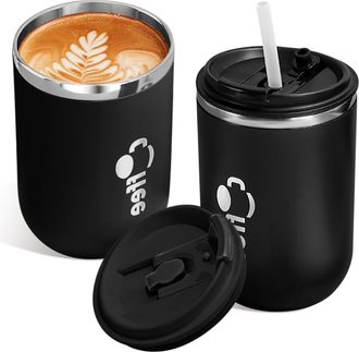 Generic Reise-Kaffeetasse mit Deckel und Strohhalm, vakuumisolierter Edelstahlbecher, doppelwandig, Reisebecher, isolierte Kaffeetassen f&uuml;r Eisgetr&auml;nke, hei&szlig;e