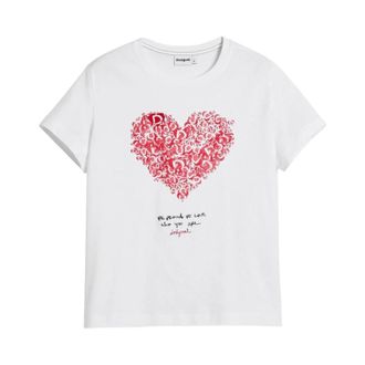 Desigual Femme, Tops, Blanc, Taille: 42 FR T-shirt Imprim&eacute; en Coton &agrave; Col Rond et Manches Courtes