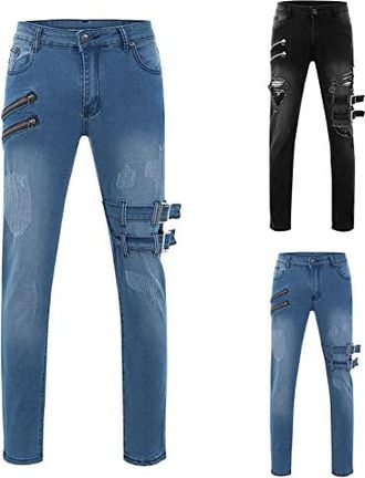 Generic Jean de moto pour homme - Coupe ajust&eacute;e - Confortable - Extensible - Coupe ajust&eacute;e - Avec poches - Style vintage vieilli - Pantalon en jean d&eacute;contract