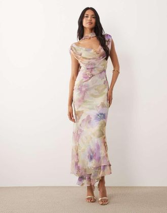 Asos Robe longue double &eacute;paisseur &agrave; imprim&eacute; fleurs estival avec &eacute;paules d&eacute;nud&eacute;es et d&eacute;tail foulard drap&eacute;-multicolore