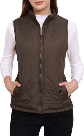 Allegra K Damen Stehkragen Rei&szlig;verschluss Vorne Gesteppt Gepolsterte Weste- Gr. L / 44, Braun