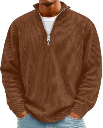 Generic Pull pour homme avec demi-fermeture &eacute;clair sans capuche en velours c&ocirc;tel&eacute; d&eacute;contract&eacute; &agrave; col montant T-shirt &agrave; manches longues confortable Pull de trav