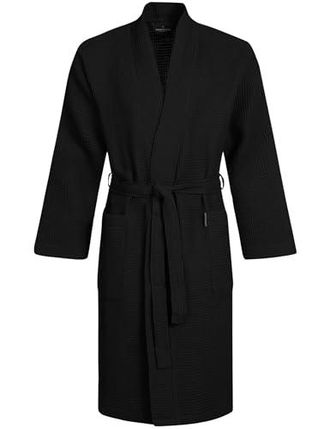 Morgenstern Peignoir de Bain Homme Coton &Eacute;t&eacute; Lux Gaufr&eacute; Kimono Piqu&eacute; Robe de Chambre Waffle L&eacute;ger Noir L Large Taille 52 54