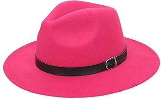 Generic Chapeau Panama en laine &eacute;crasable &agrave; large bord avec ceinture pour femme, rose vif, Taille unique