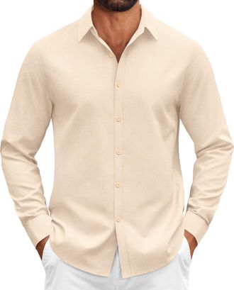 Coofandy Freizeithemd Langarm Stretch Baumwolle Sportlich Button Down Oberhemd Business M&auml;nner Hemd Beige XXXL